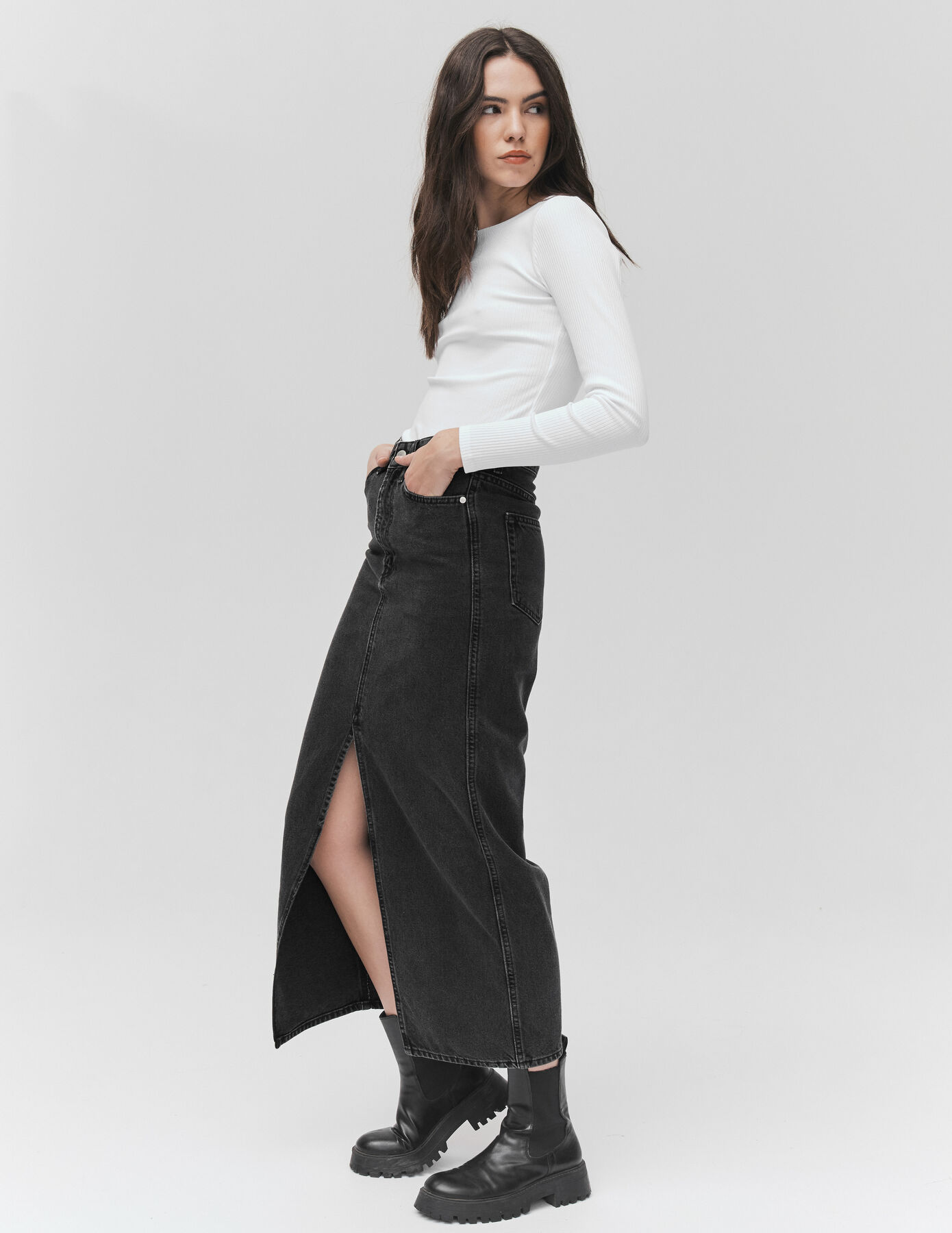 Jupe longue en jean Noir | BZB
